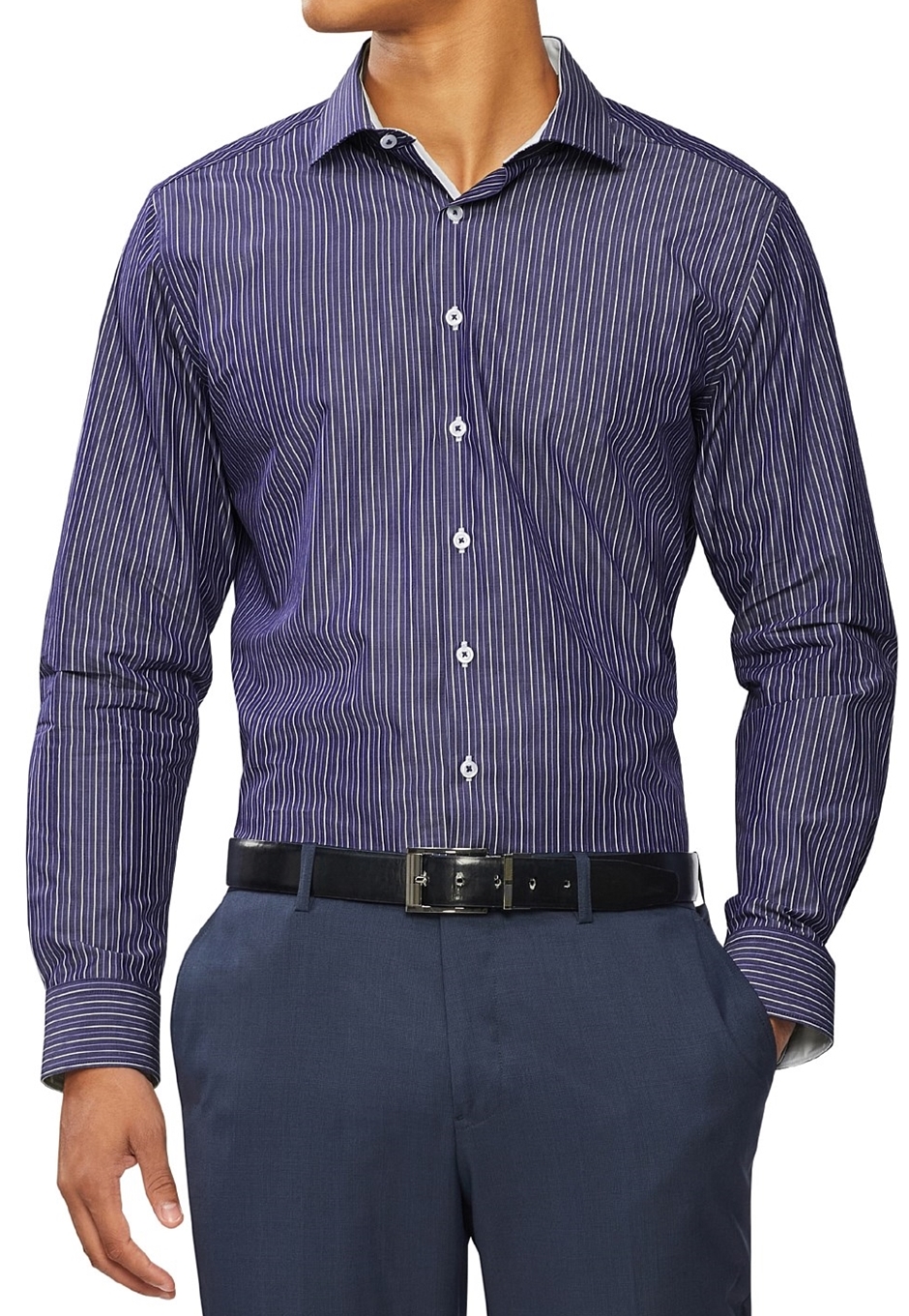 Geoffrery Beene Cotton shirt navy with fine stripes.